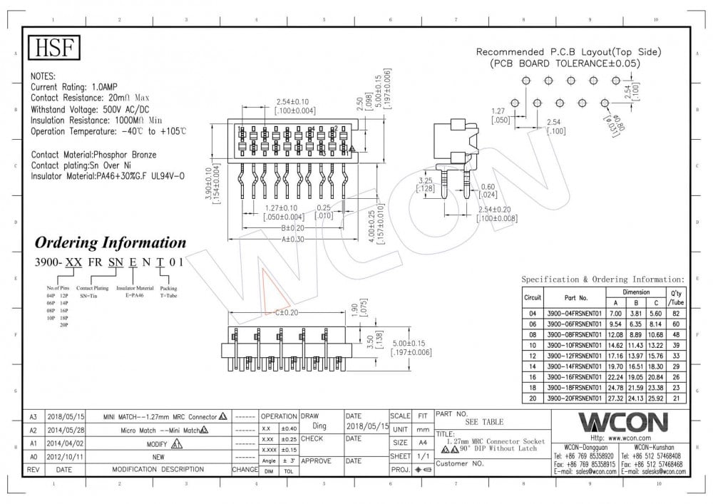 Wcon 3900 series 1.27 mm MRC connector drawing and specifications