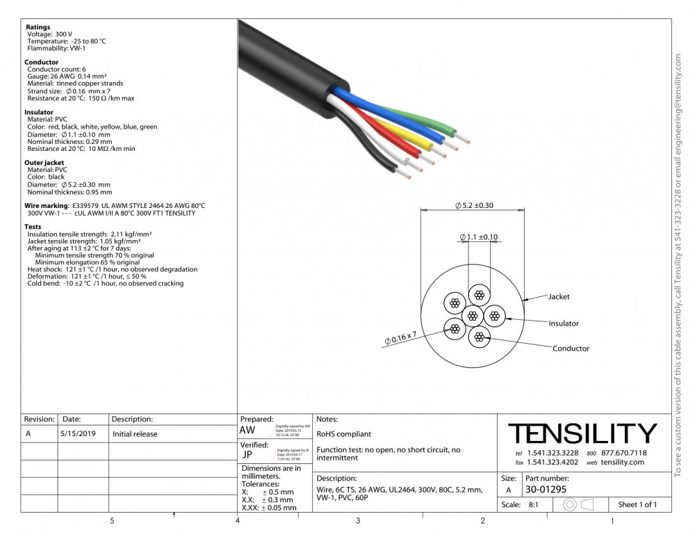 Tensility International 30-01295 cable product drawing