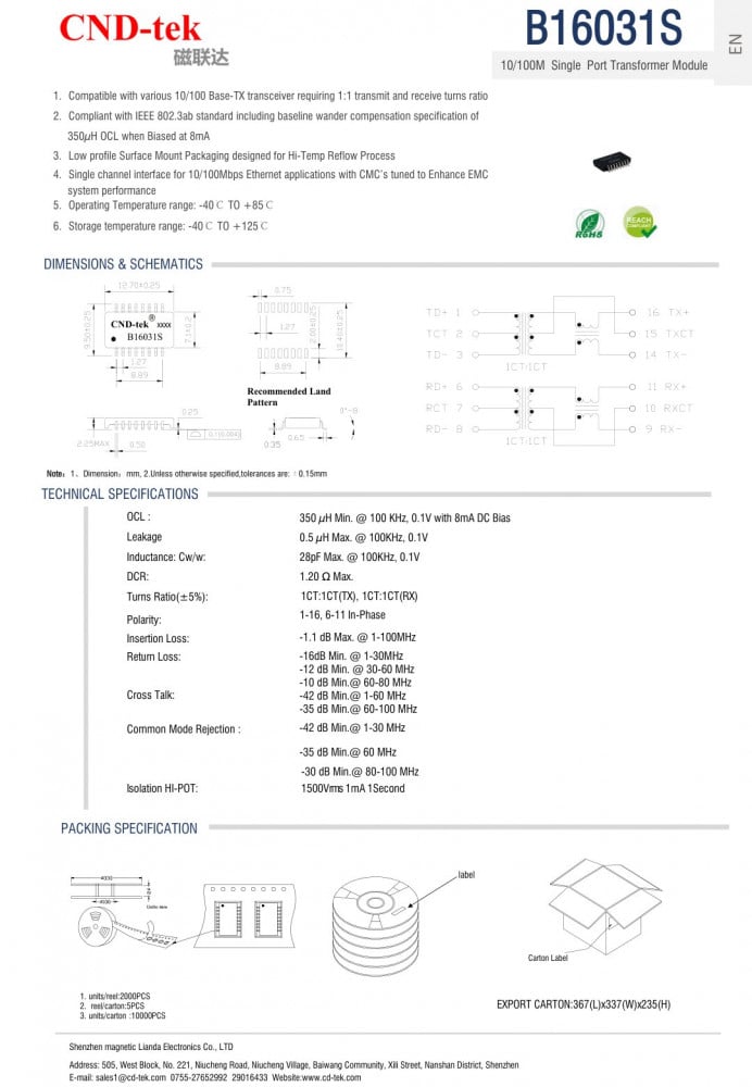 CND-tek B16031S technical document preview