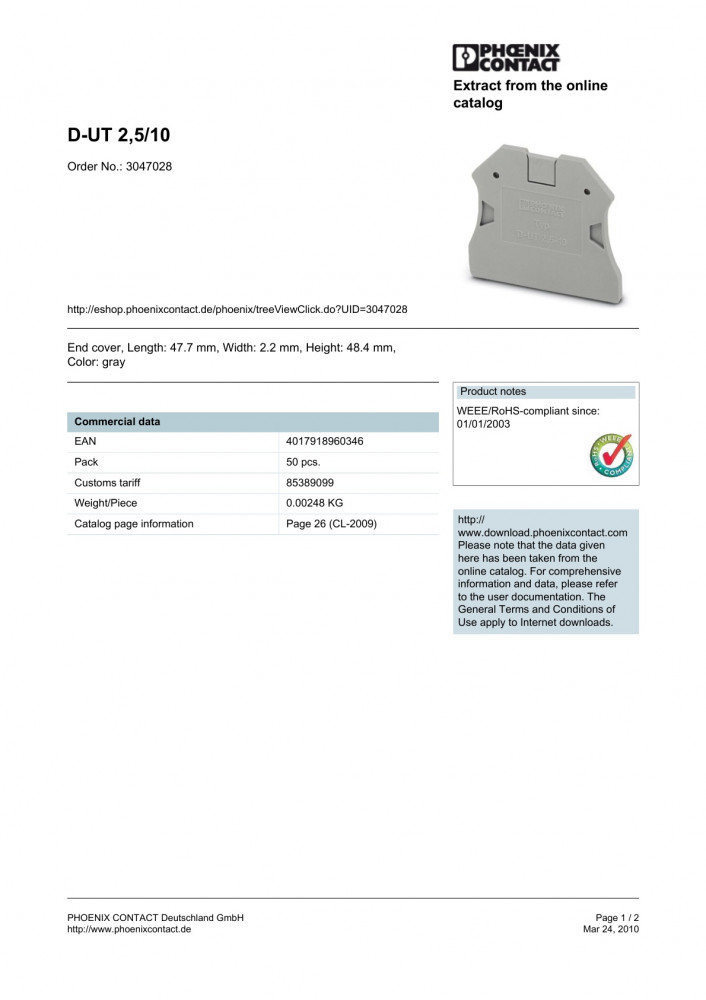 Phoenix Contact D-UT 2,5/10 3047028 technical document page 1