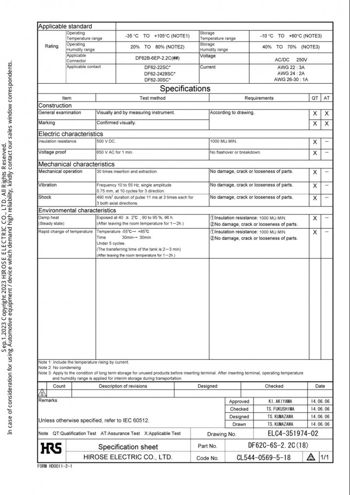 HRS DF62C-6S-2.2C(18) specification sheet preview
