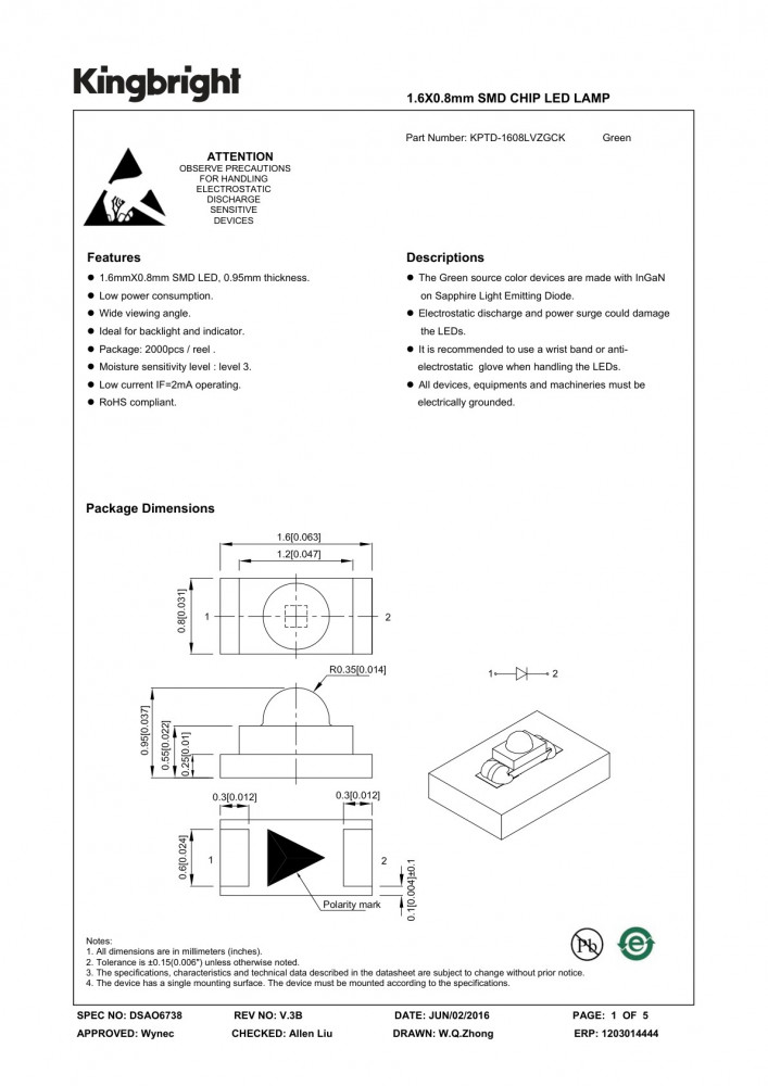 KPTD-1608LVZGCK datasheet page 1
