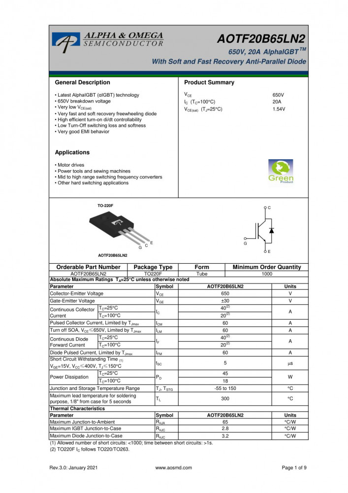 AOTF20B65LN2 datasheet page 1