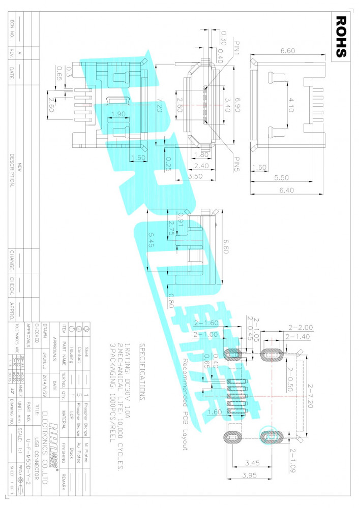 U-F-M5DD-Y-2 USB connector technical drawing