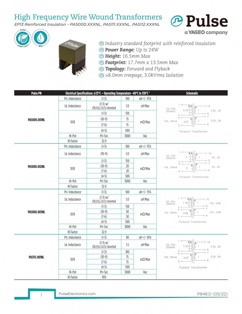 PA5111 series electrical specifications and schematic