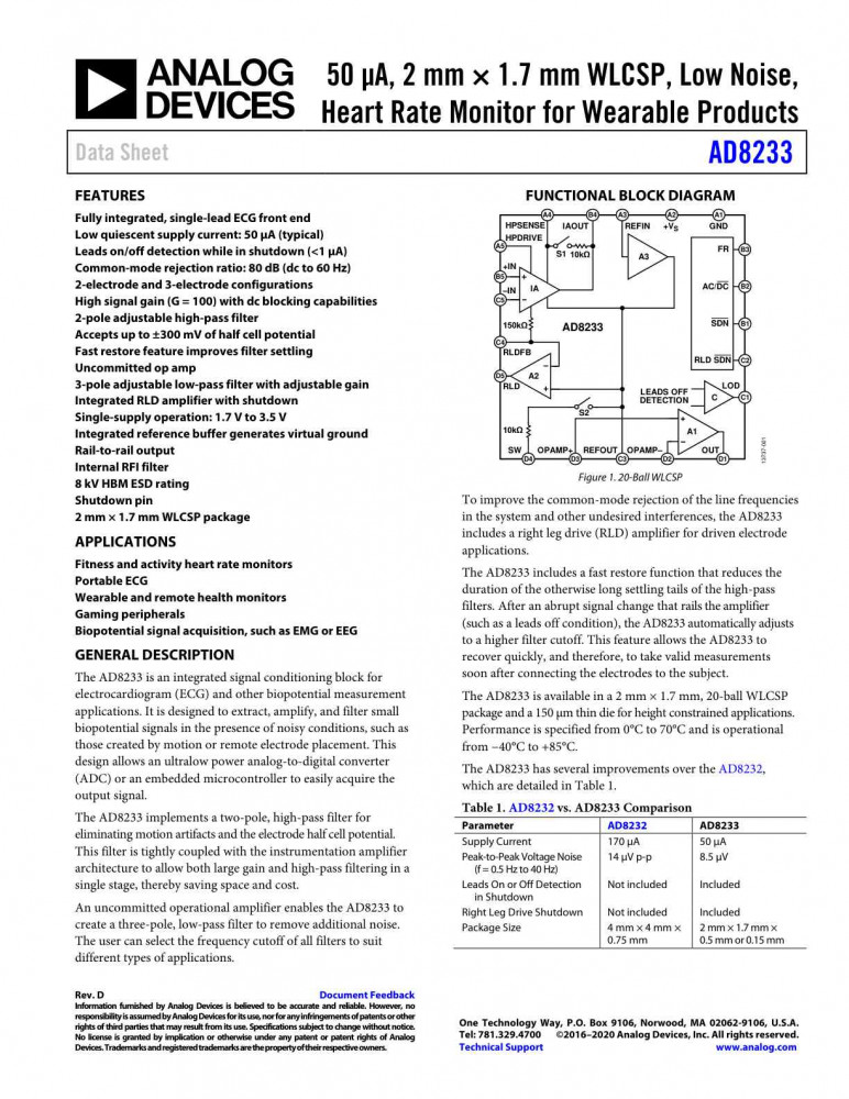 AD8233 datasheet page 1