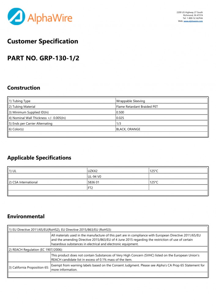 Alpha Wire GRP-130-1/2 technical document page 1