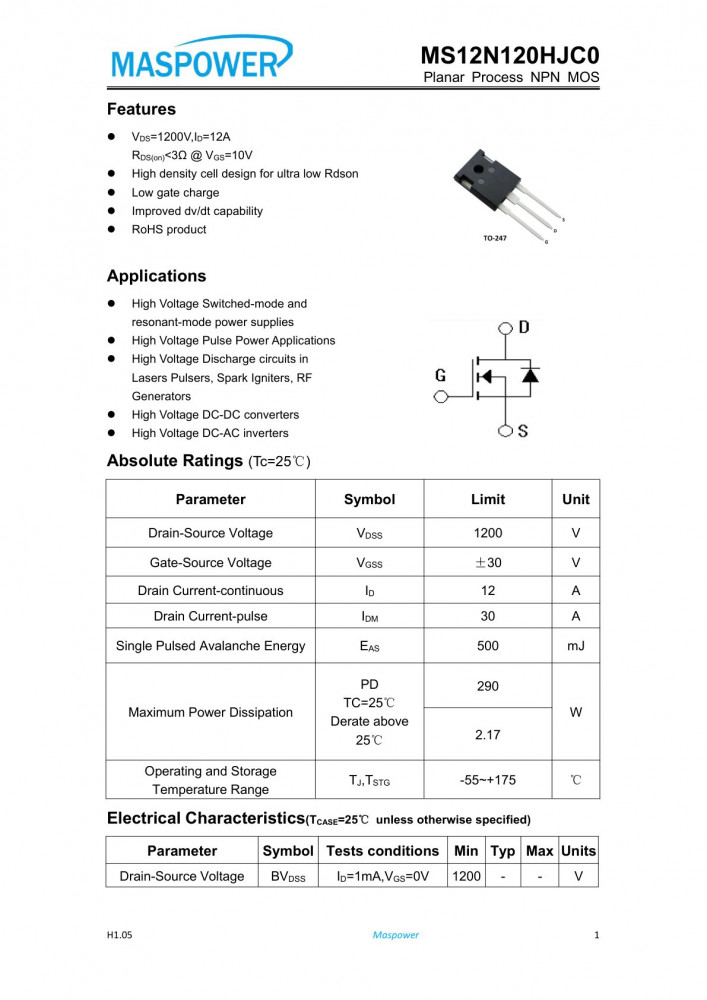 MS12N120HJC0 datasheet page 1