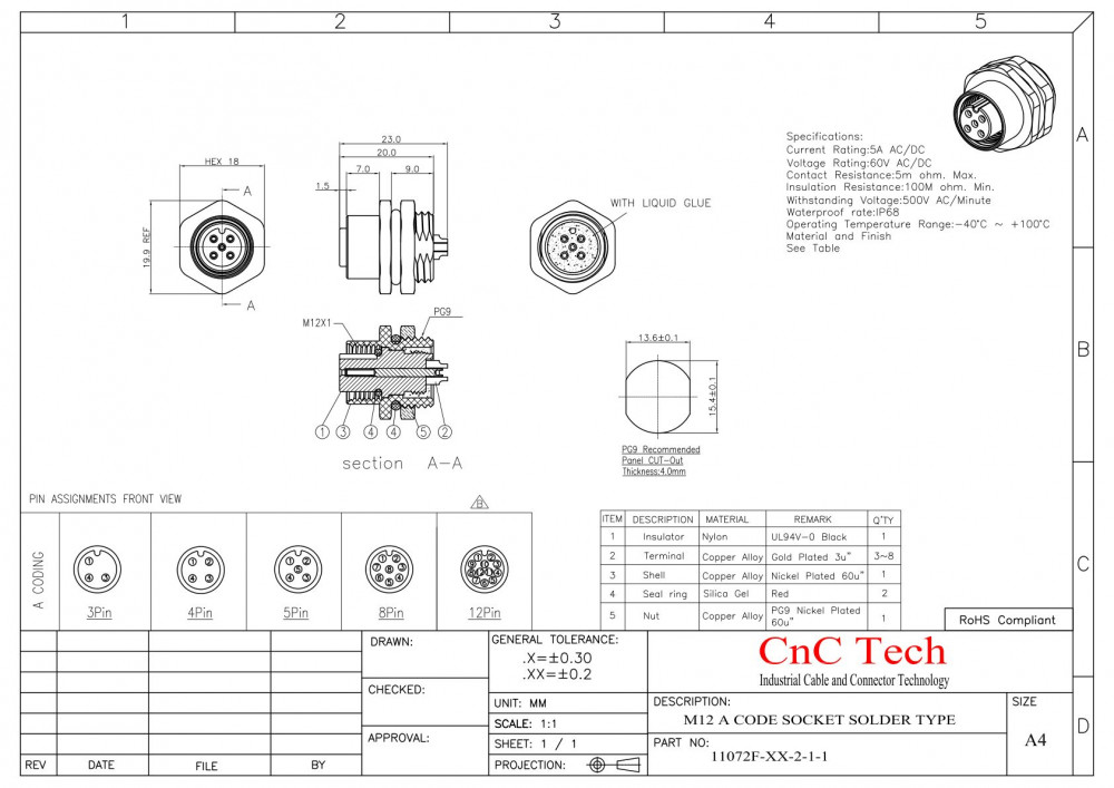 CNC Tech 11072F connector engineering drawing