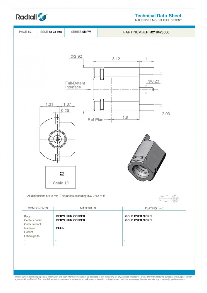 R218423000 datasheet page 1: mechanical drawing and material information