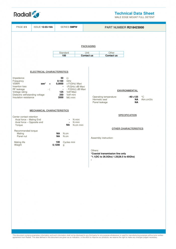 R218423000 datasheet page 2: electrical, mechanical and environmental characteristics