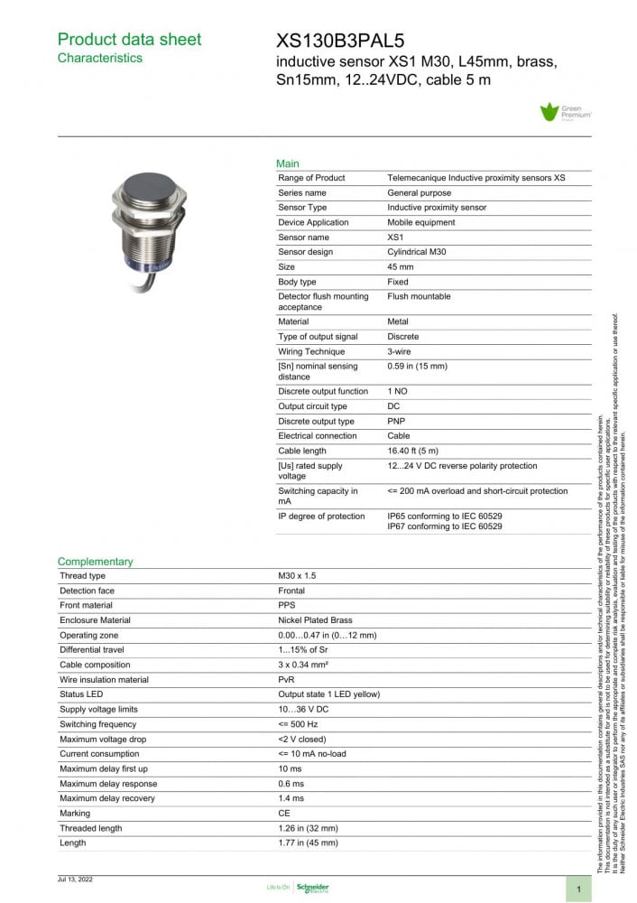 XS130B3PAL5 technical document page 1