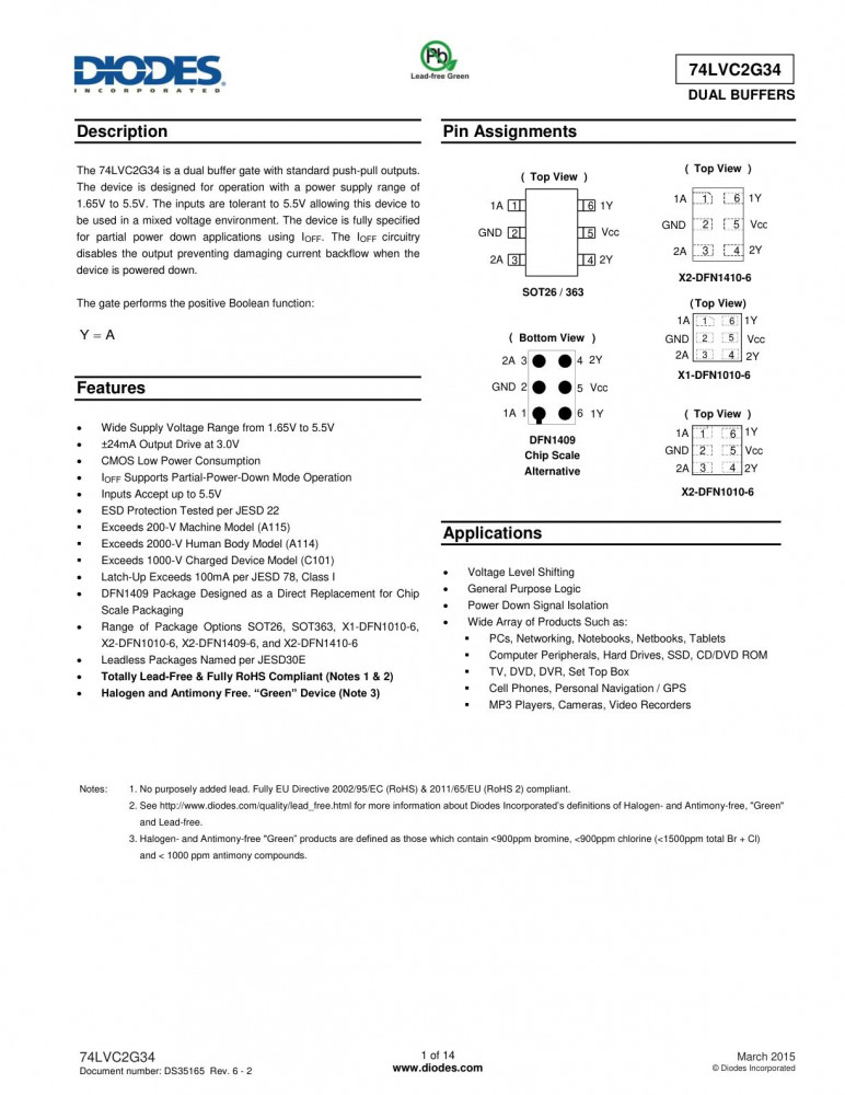 74LVC2G34W6-7 datasheet page 1