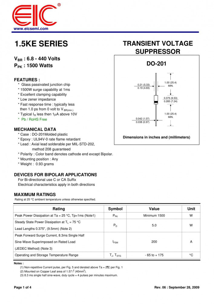 EIC 1.5KE series datasheet page 1