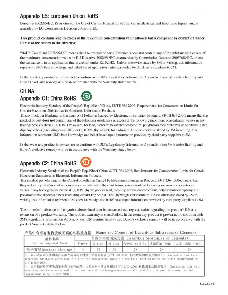 3M 5602 series regulatory information sheet 2