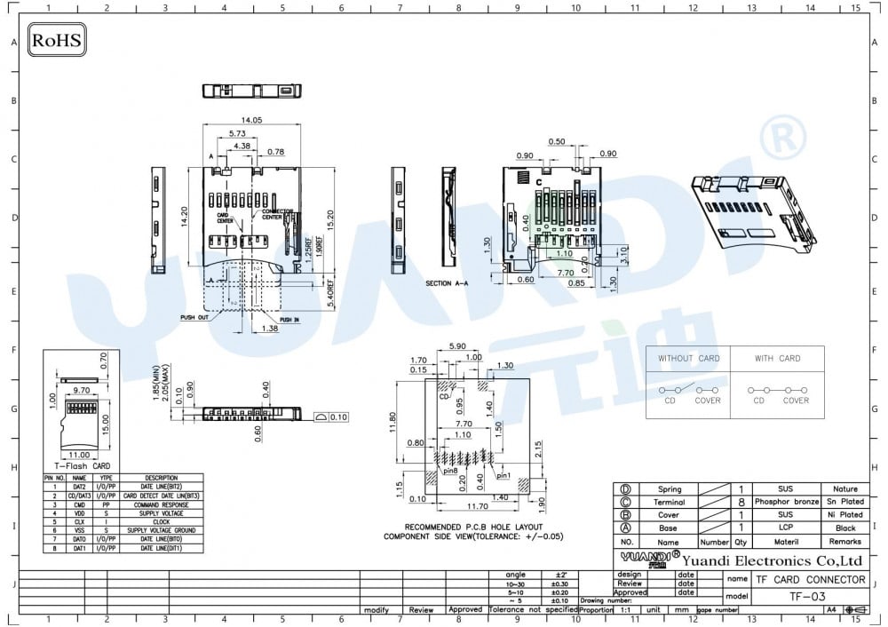 YUANDI TF-03 TF card connector technical drawing