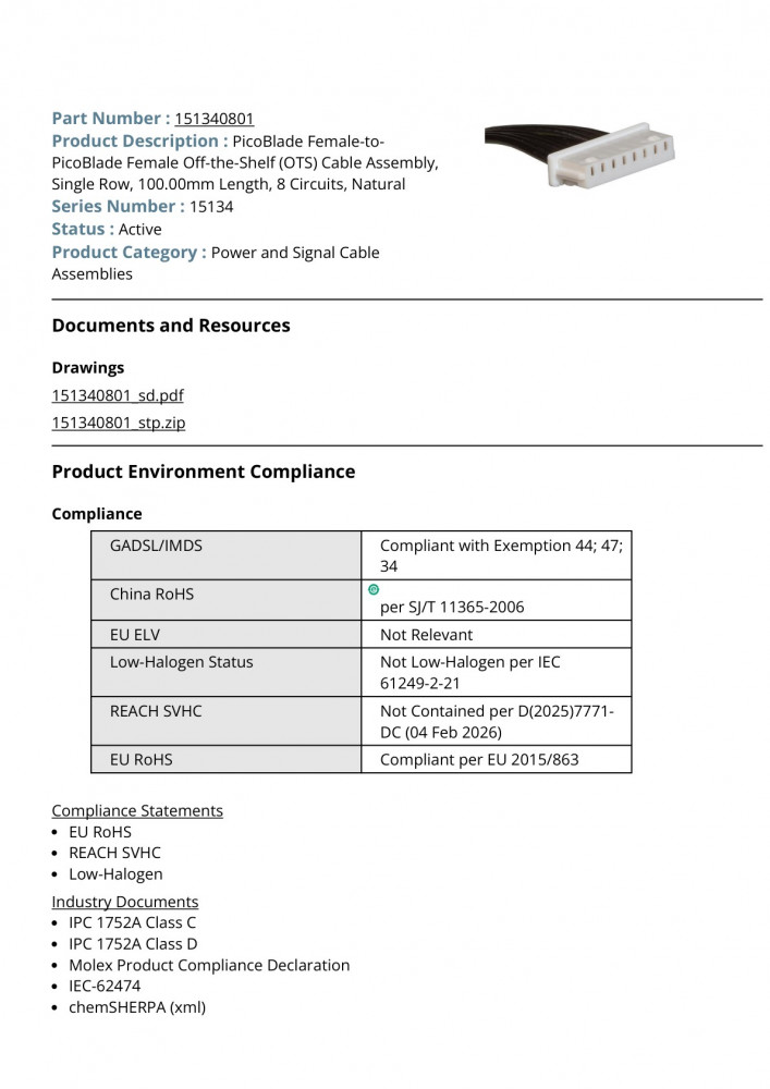 MOLEX 151340801 product drawing preview, page 1