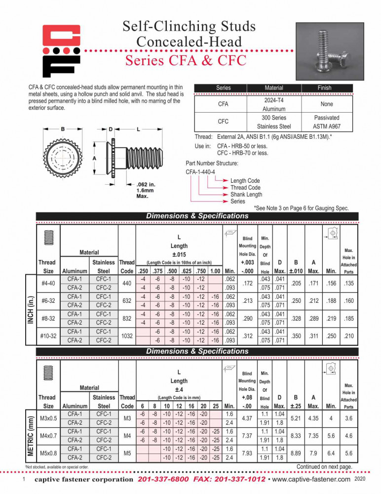 CFC concealed-head stud technical document, page 1