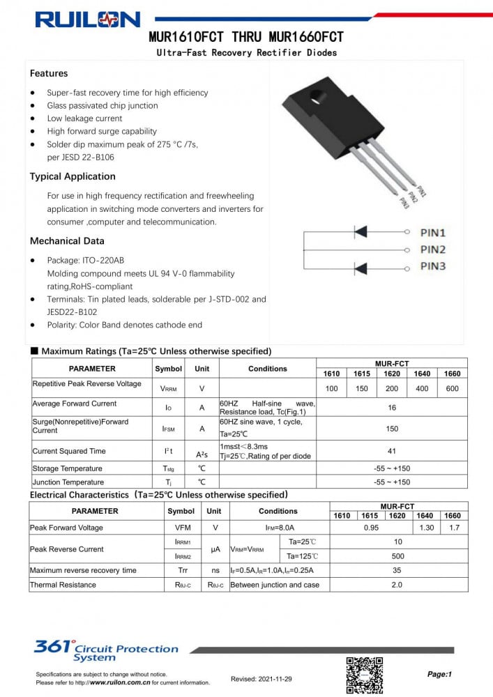 MUR1660FCT datasheet page 1