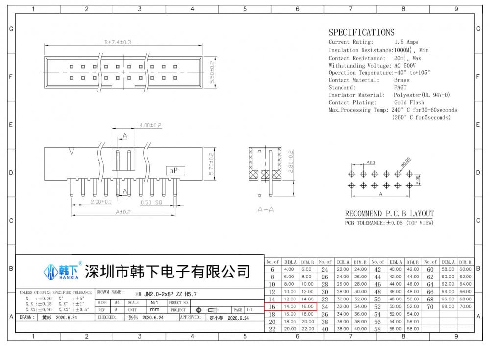 HX JN2.0-2x8P ZZ H5.7 technical drawing preview