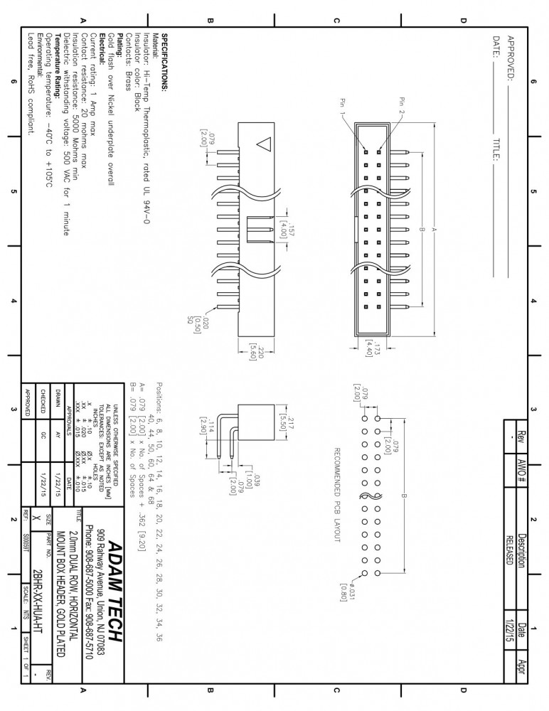 ADAM TECH 2.0 mm dual-row horizontal-mount box header drawing preview