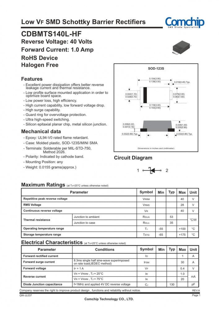 CDBMTS140L-HF datasheet page 1
