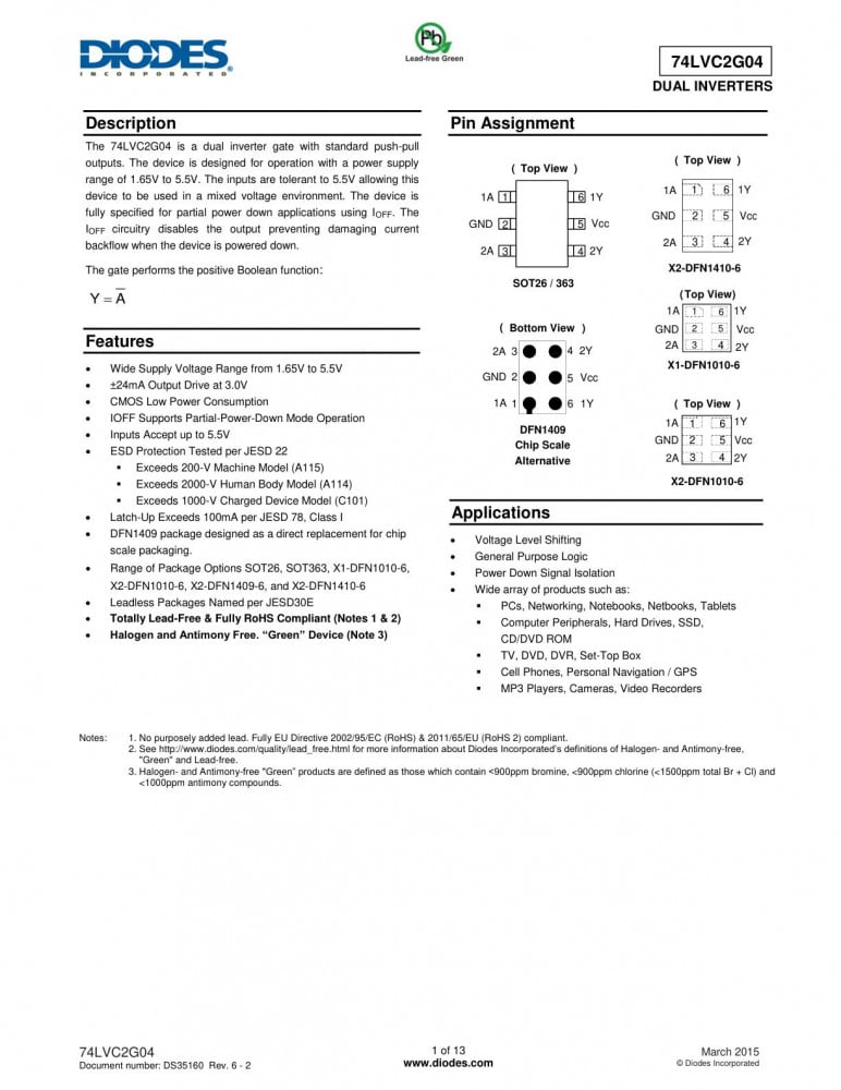 74LVC2G04W6-7 datasheet page 1