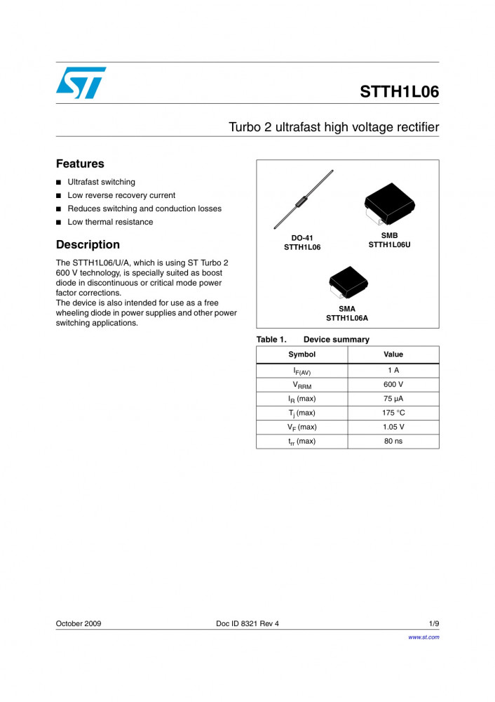 STTH1L06 technical document page 1