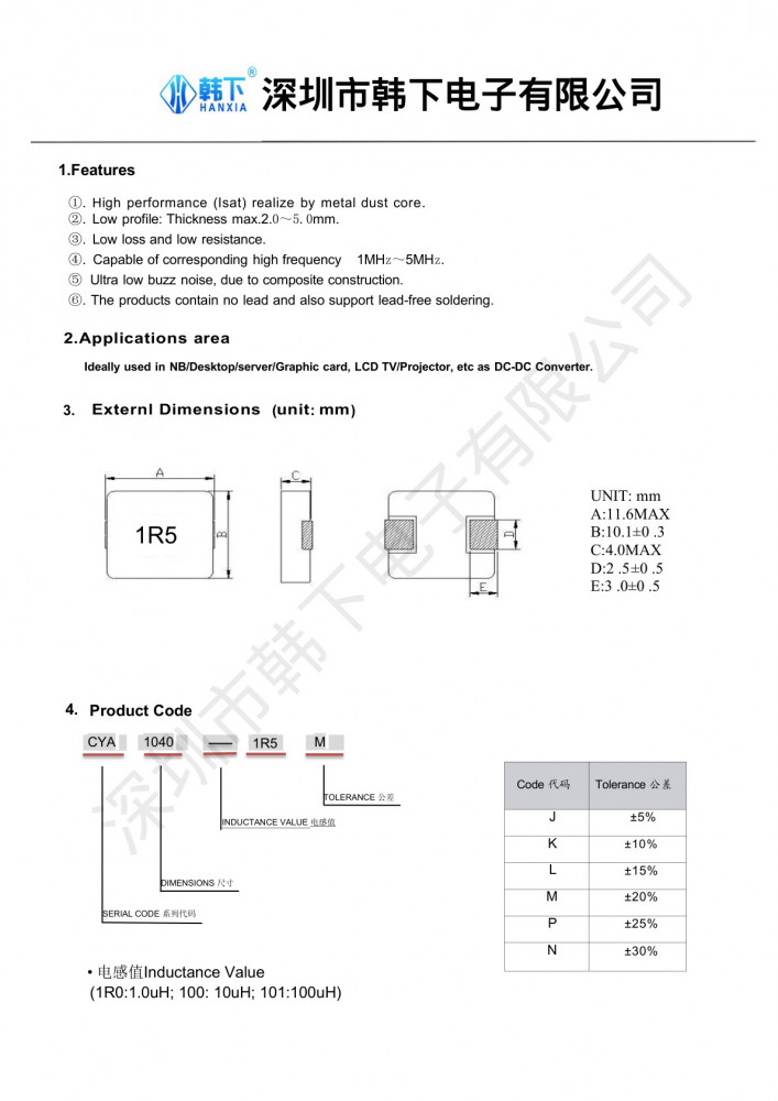 HX CYA1040-1.5UH datasheet page 1