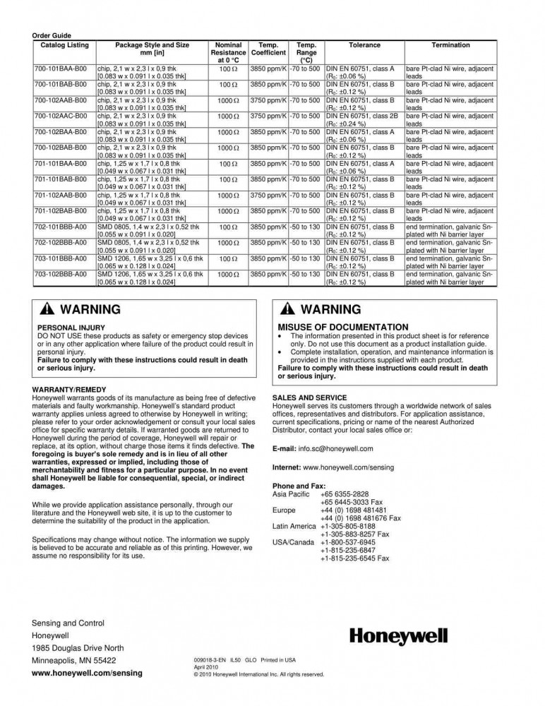 Honeywell 700 Series Platinum RTD datasheet page 4