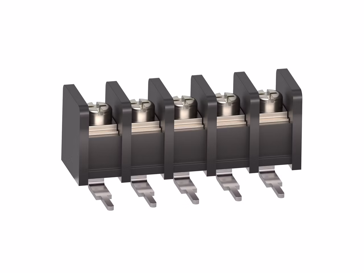 8.26mm Pitch, Single Row, Dual-Barrier Terminal Strip, Right Angle Terminals without Mounting Ends, Black, Steel Screws, 5 Circuits for sale