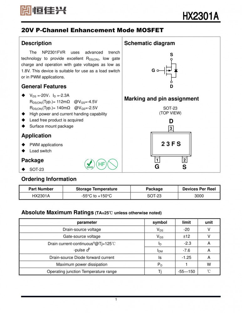 HX2301A datasheet page 1