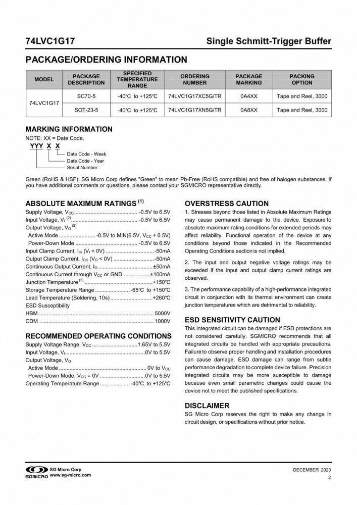 74LVC1G17 datasheet page 2