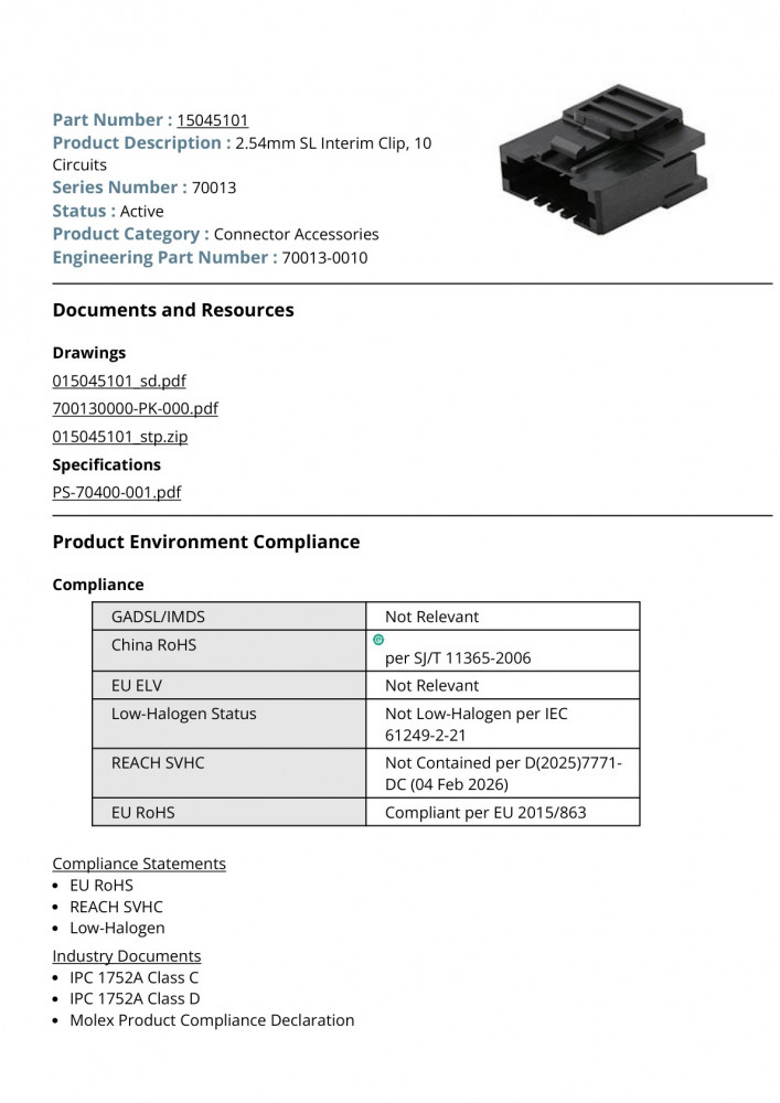 MOLEX SL connector product specification page image 1