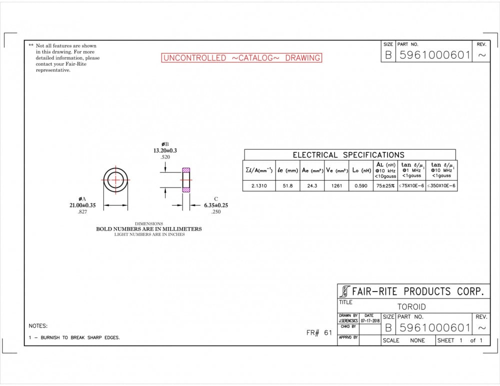 Fair-Rite 5961000601 technical document preview