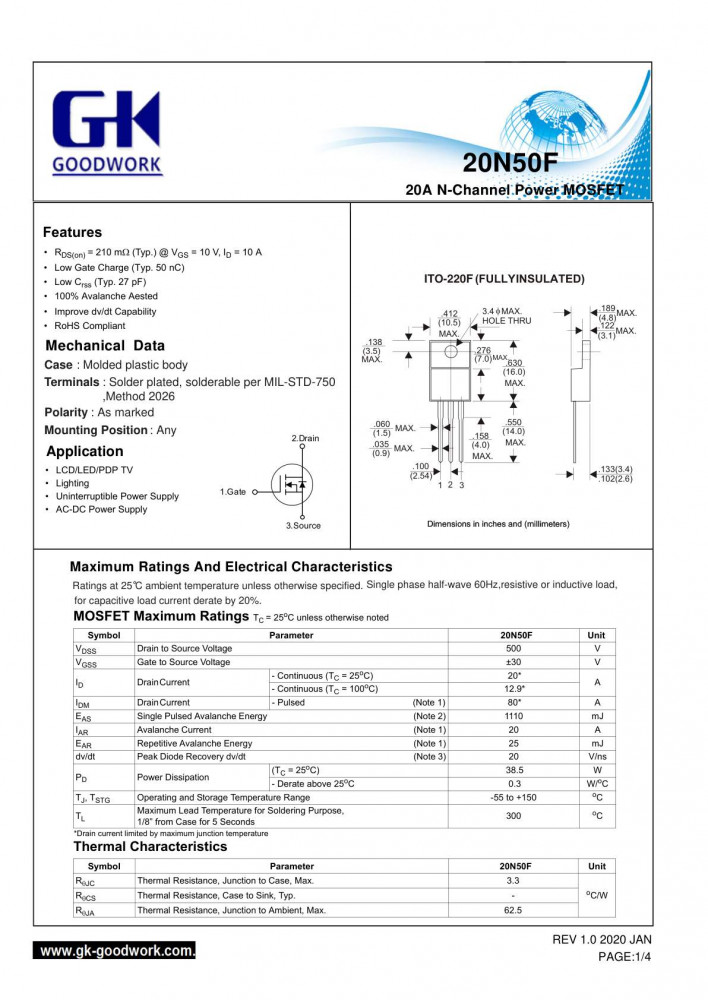 20N50F datasheet page 1