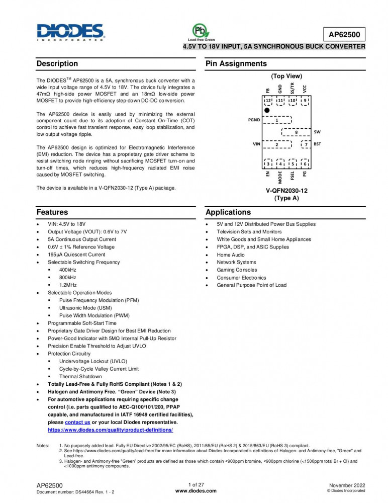 AP62500 datasheet page 1
