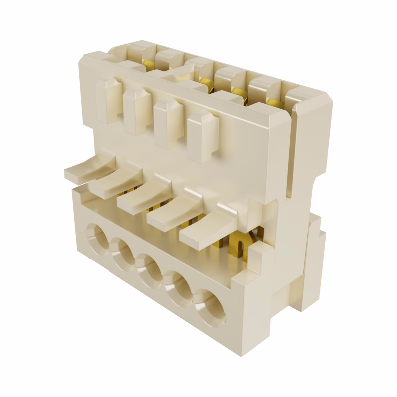 Appli-Mate RAST 2.5 Connector, 2.50mm Pitch, Female, 5 Circuits, Positions A and F Removed, Polarizing Rib Between 2/3, Locking Pips, Slotted Endwalls, Gold Plating for sale