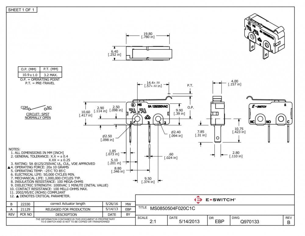 E-Switch MS0850504F020C1C technical drawing