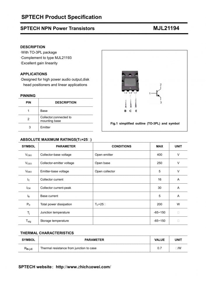 MJL21194 technical document page 1