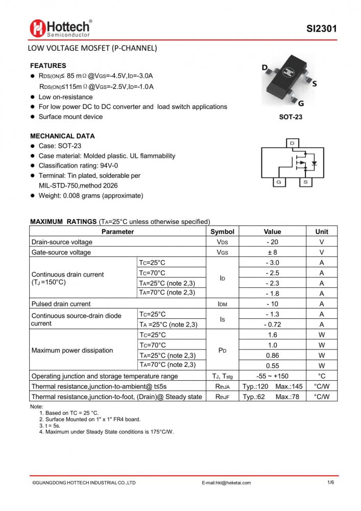 SI2301 datasheet page 1
