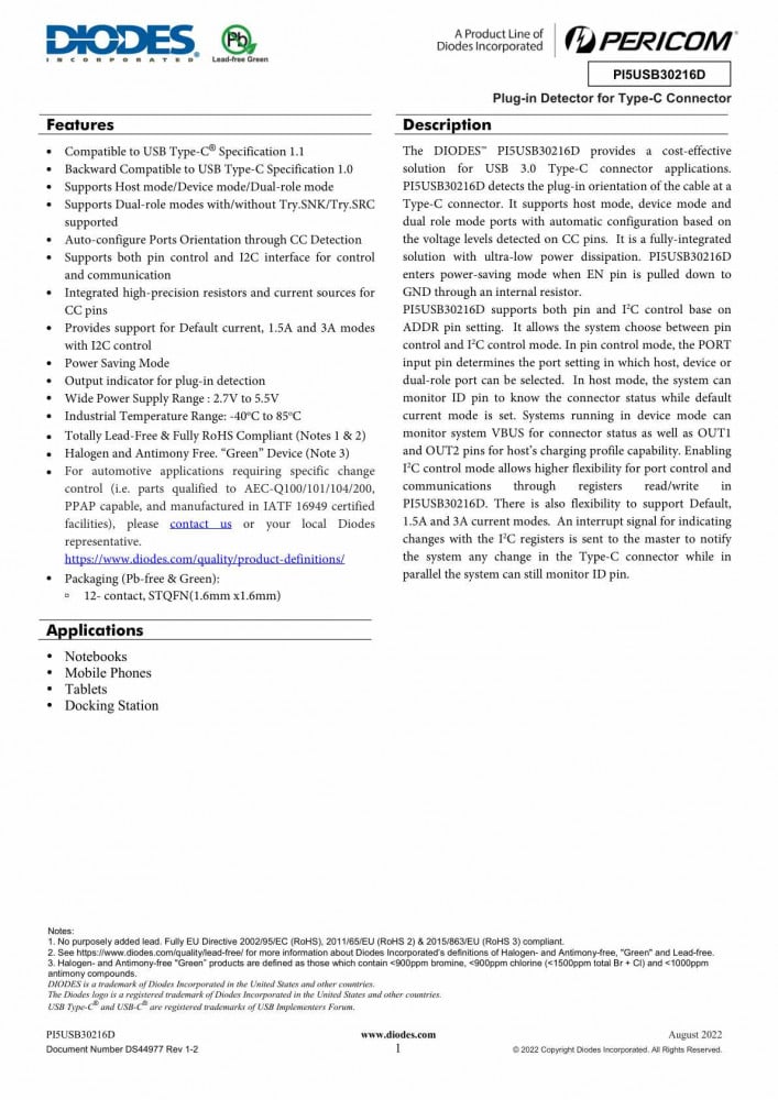 PI5USB30216D datasheet page 1