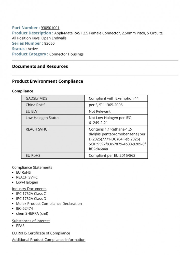 930501001 product document page 1