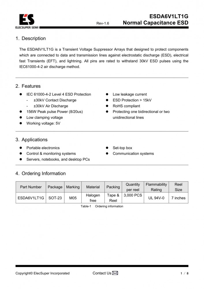 ESDA6V1LT1G datasheet page 1