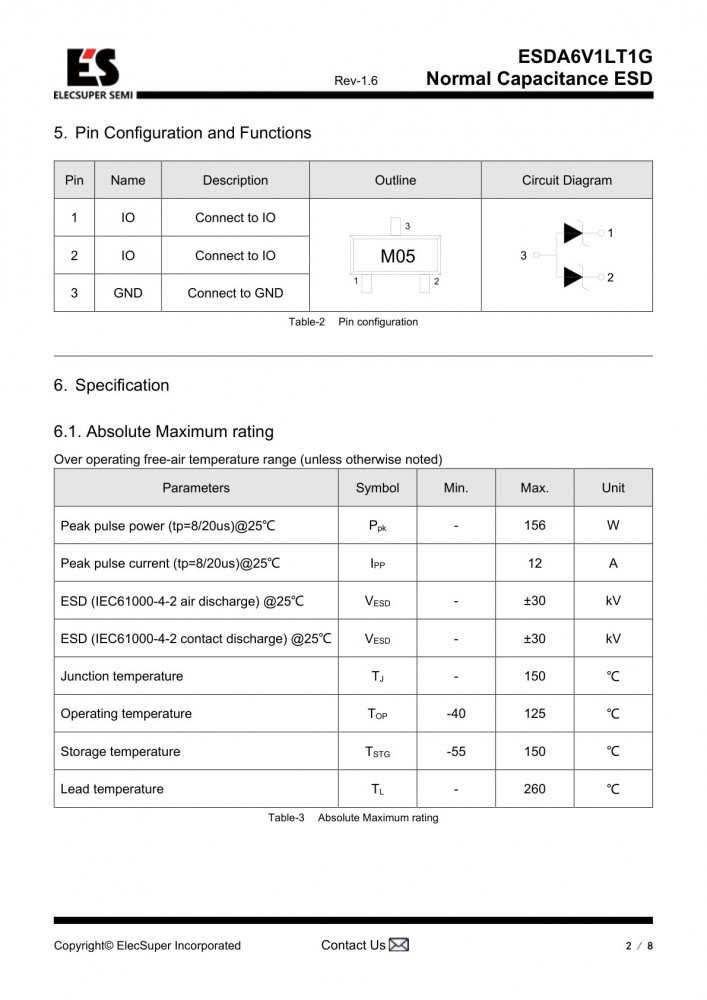 ESDA6V1LT1G datasheet page 2