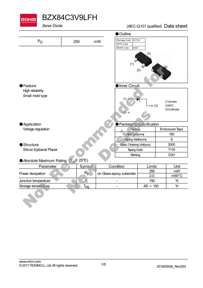 ROHM BZX84C3V9LFHT116 datasheet page 1