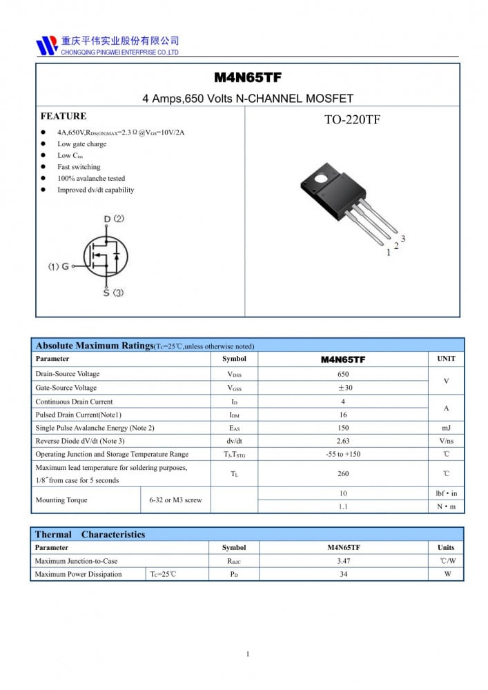 M4N65TF datasheet page 1