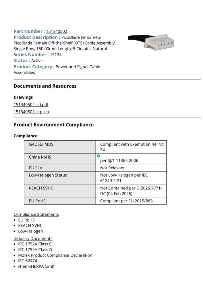 MOLEX 151340502 technical document page 1