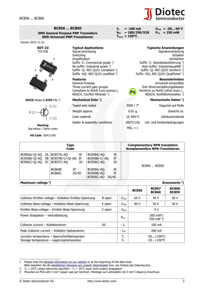 DIOTEC BC859C datasheet page 1