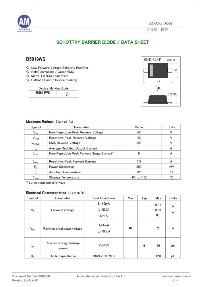 B5819WS datasheet page 1